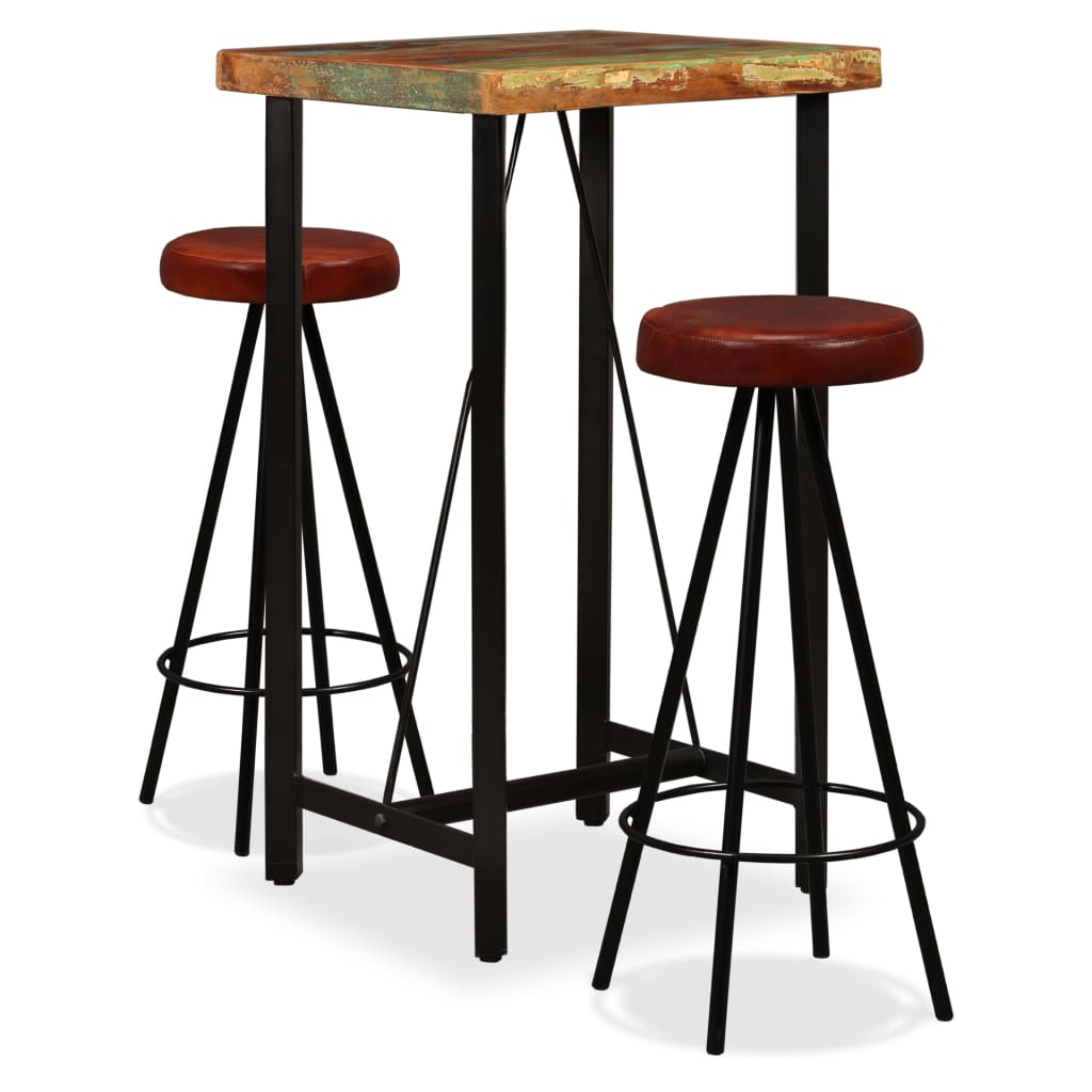 vidaXL Bar Set 3 Pieces Solid Wood Reclaimed and Genuine Leather ...
